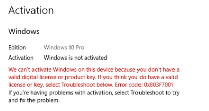 Fix: Windows 11/10 Activation Error failed Error 0x803F7001