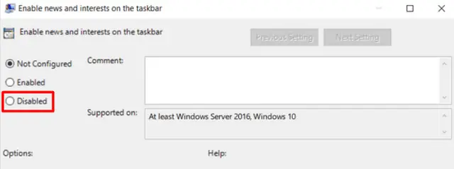 How to disable News and Interests widget on Windows 10 Taskbar